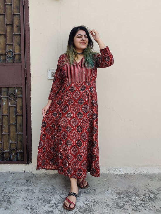 Tamaatar Ajrakh A line Maxi Patch Dress – Kasaa Hues